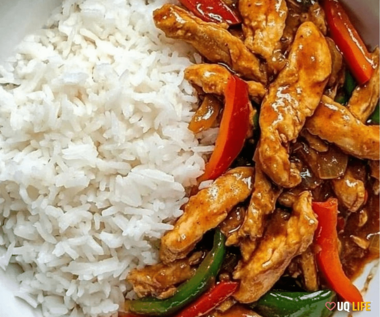 Mwewa's chicken stir-fry with peppers and white rice